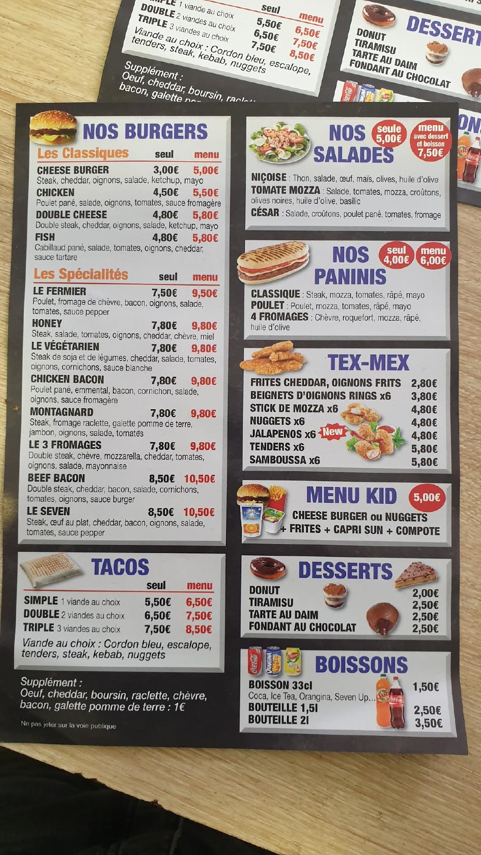 Menu at Seven burgers restaurant, Marseille