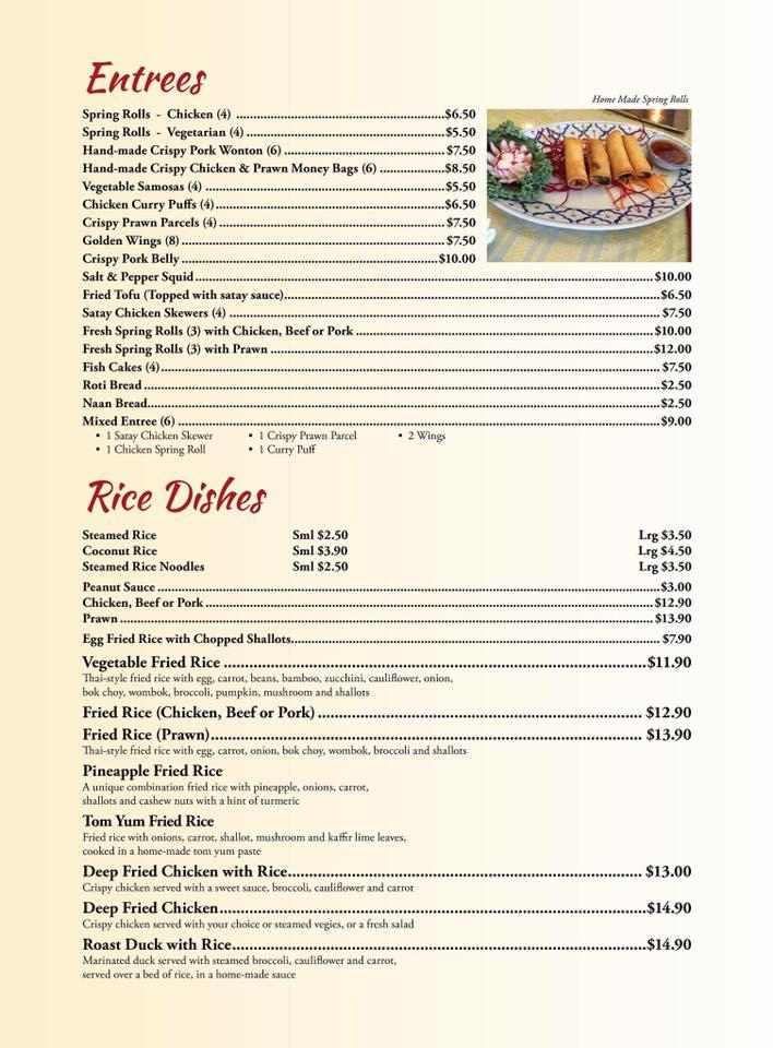 Menu at Songkran Thai Restaurant, Bentley Park