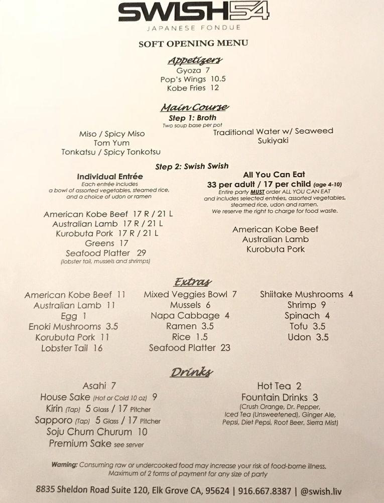 Menu at Swish 54 restaurant, Elk Grove