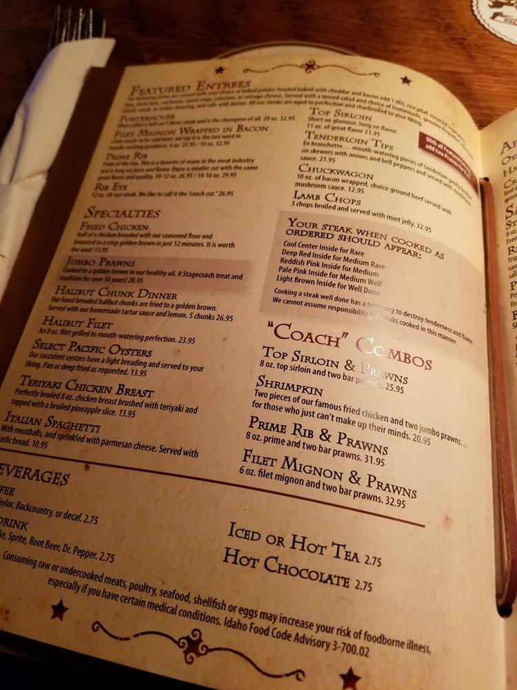 Menu at The Stagecoach Inn steakhouse, Garden City