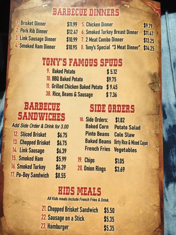 Menu at Tony's BBQ & Steakhouse, Houston, 102 McCarty St