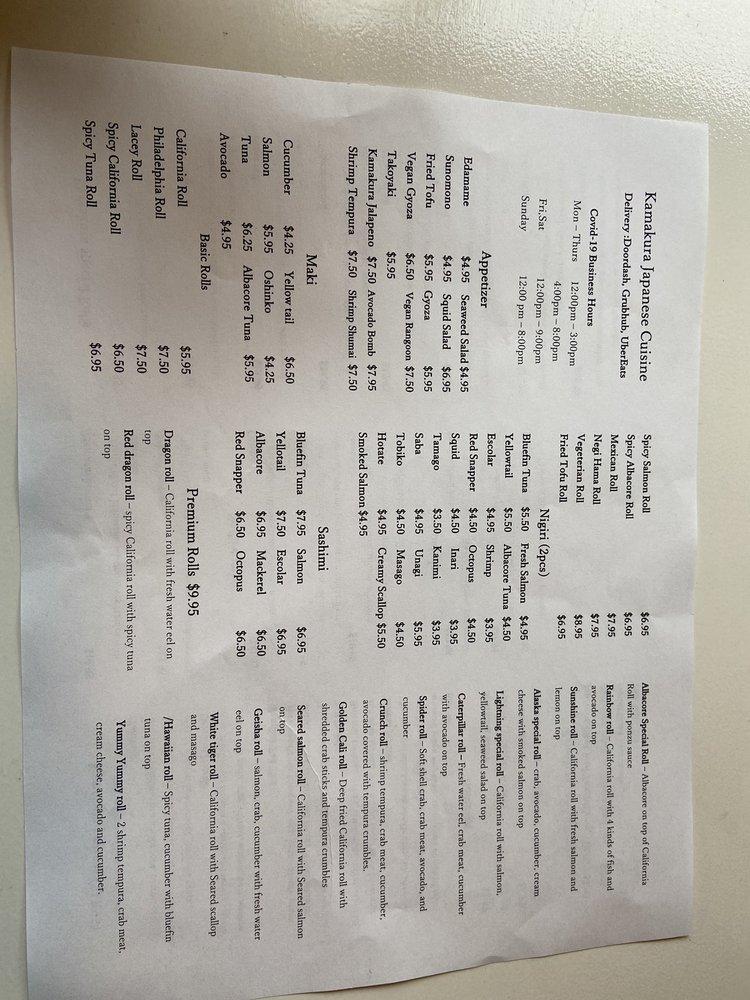 Menu at kamakura japanese cuisine restaurant, Lacey