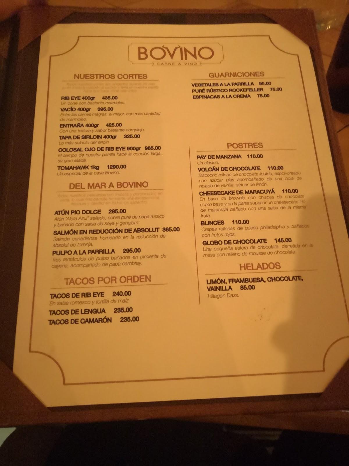 Carta del restaurante Bovino, Guadalajara