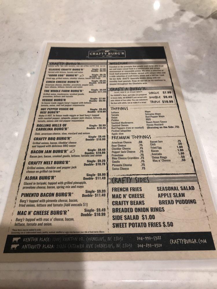 Menu at CRAFTY BURG'R n' Tap pub & bar, Cornelius, Catawba Ave B