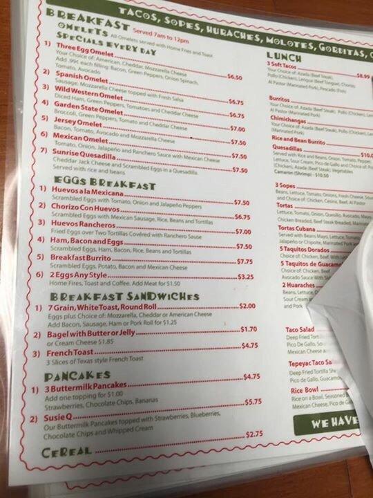 Menu at El Tepeyac Mexican restaurant, Stafford Township