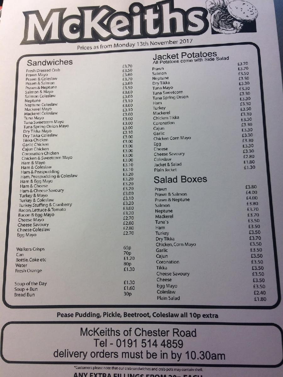 Menu at McKeith George fast food, Sunderland