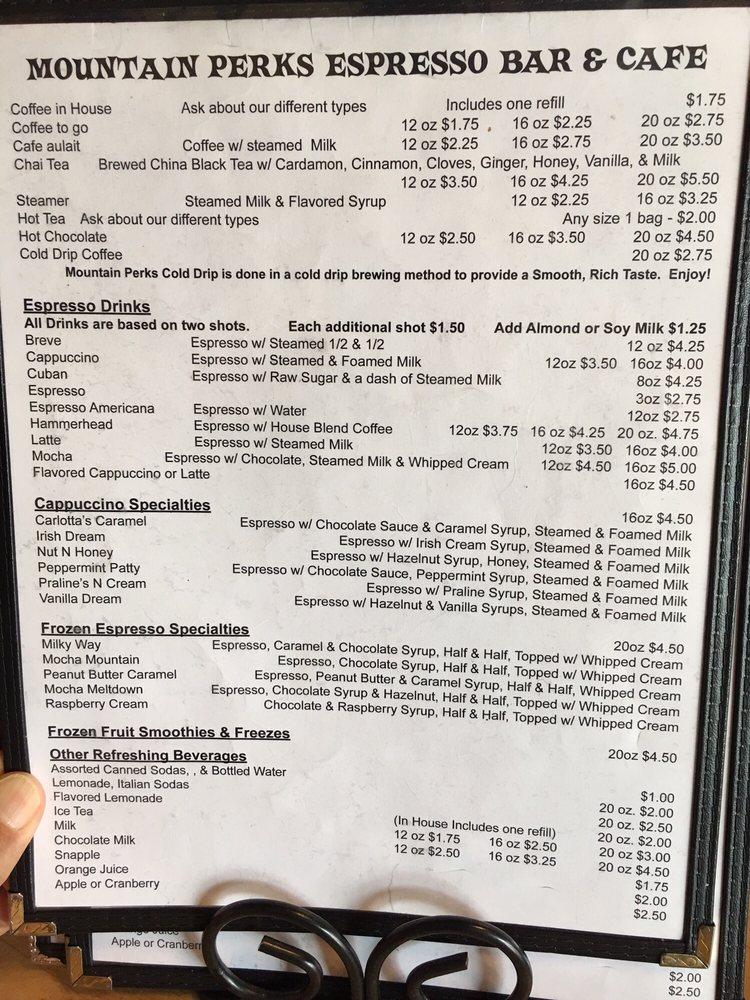 Menu at Mountain Perks pub & bar, Bryson City
