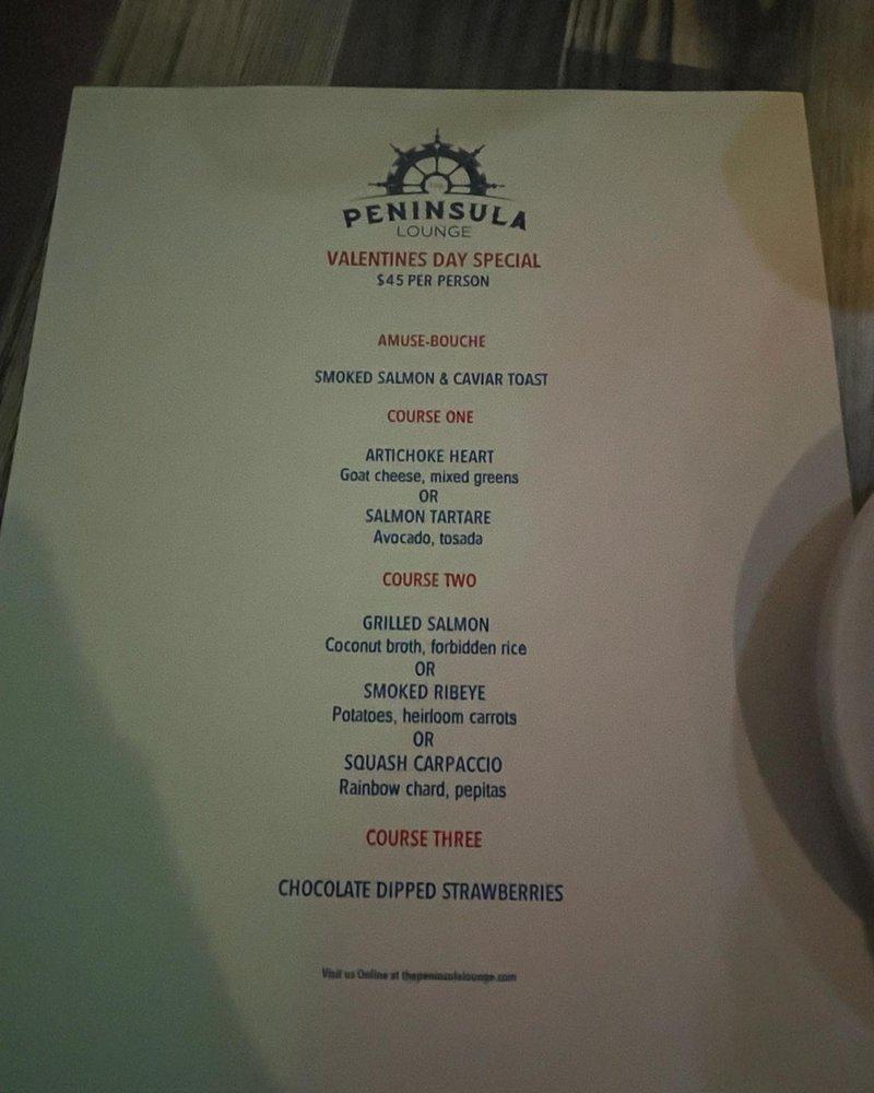 Menu at The Peninsula Lounge restaurant, Newport Beach