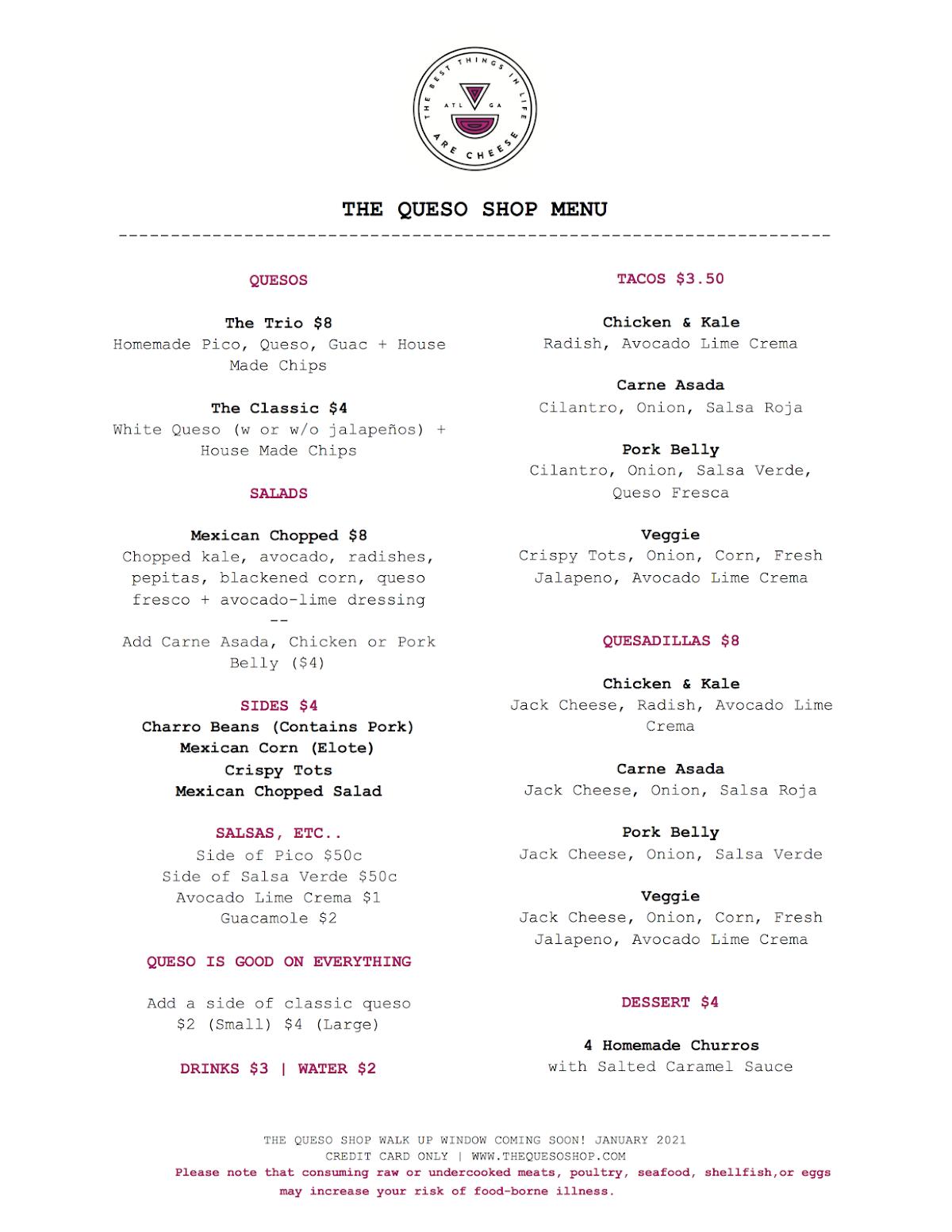 Menu at The Queso Shop @ Toco Hills restaurant, Atlanta, Liddell Dr NE
