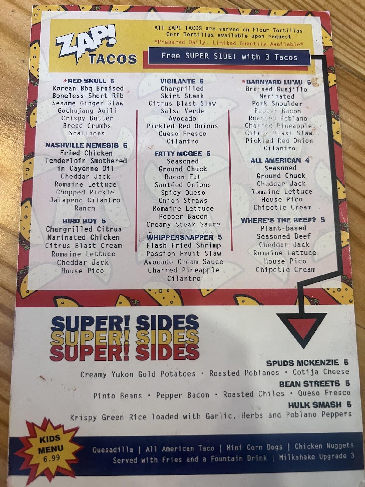 Menu at Zap! Taco House restaurant, Mokena