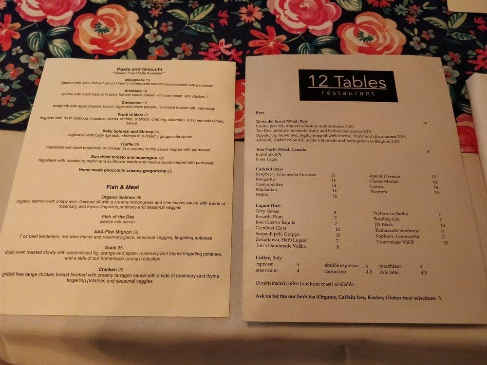 Menu at 12 Tables restaurant, Toronto