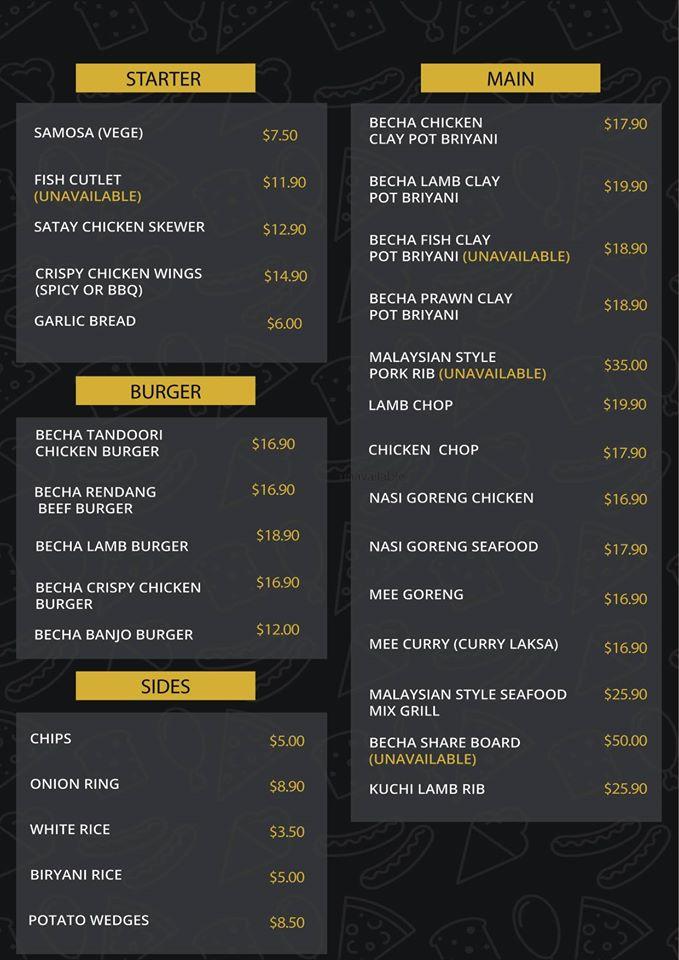 Menu at Becha Malaysian Cuisine restaurant, Alkimos
