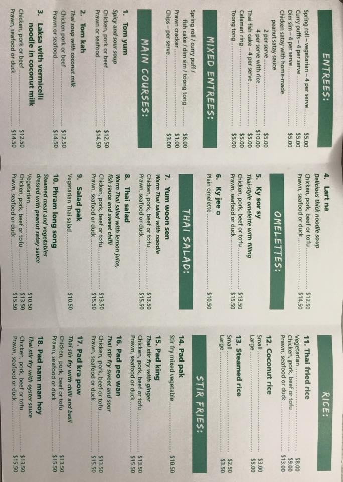 Menu at J.Y Thai restaurant, Warwick