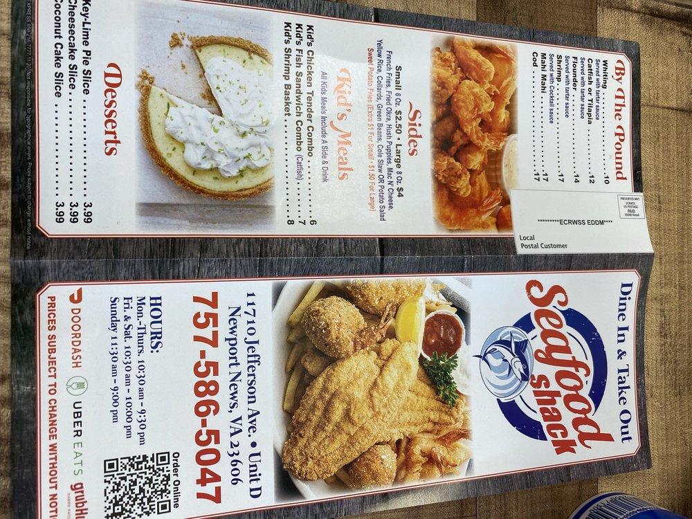 Menu at Seafood shack restaurant, Newport News