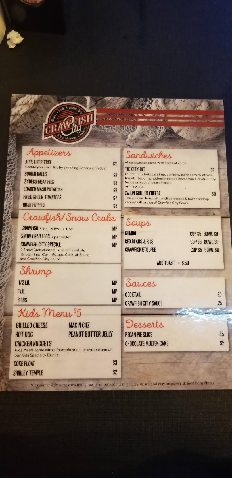 Menu at Crawfish City restaurant, West Monroe