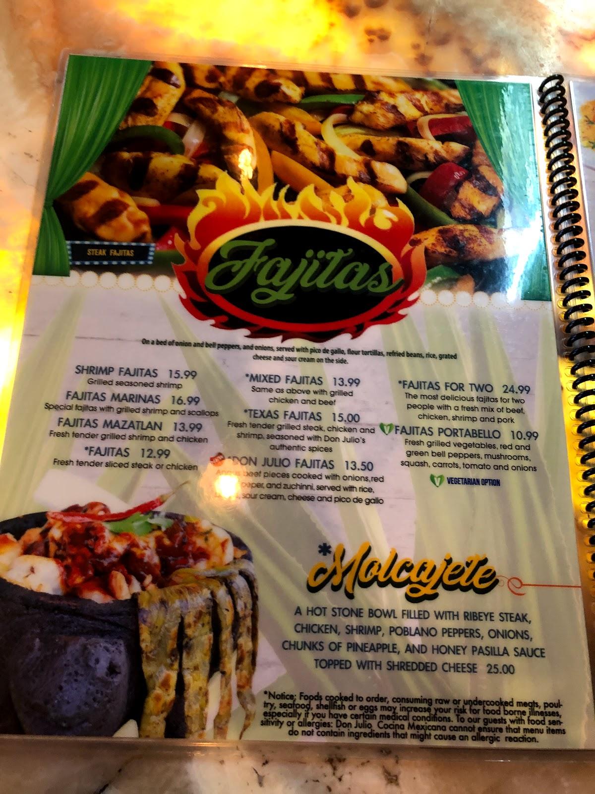 Menu at Don Julio Cocina Mexicana restaurant, Asheboro