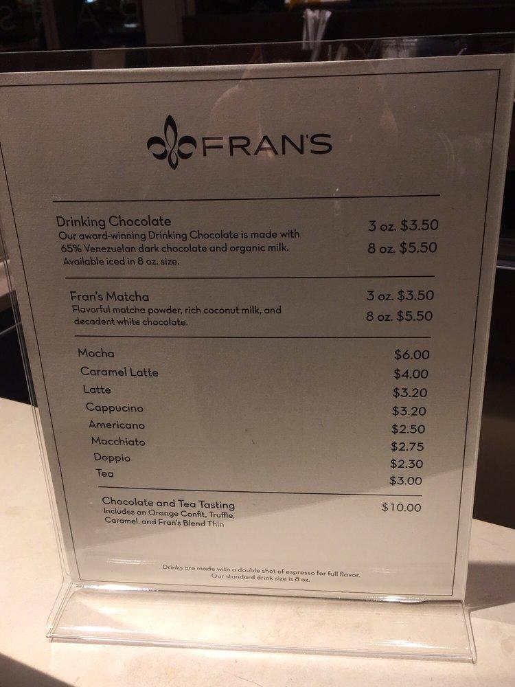 Menu at Fran's Chocolates - Downtown cafe, Seattle, 1st Ave