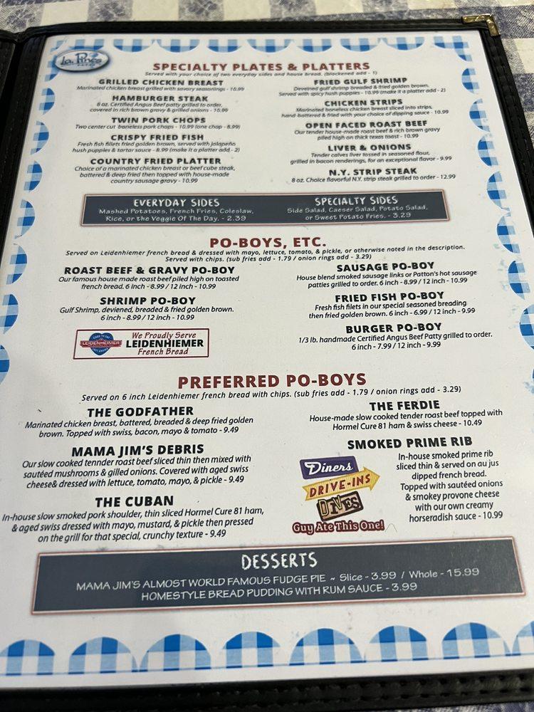Menu at La Pines Cafe, Slidell
