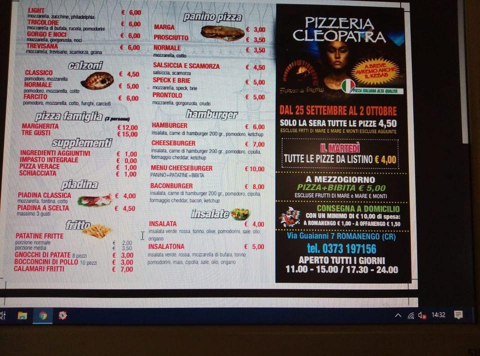 Menu at Pizzeria Cleopatra 1, Romanengo