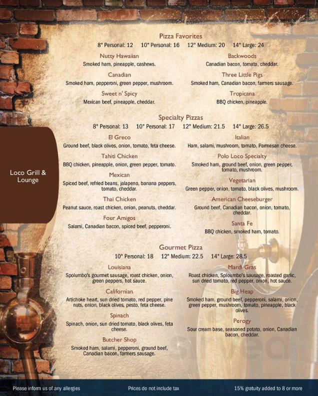 Menu at Poco Loco Pizza & Bar, Calgary