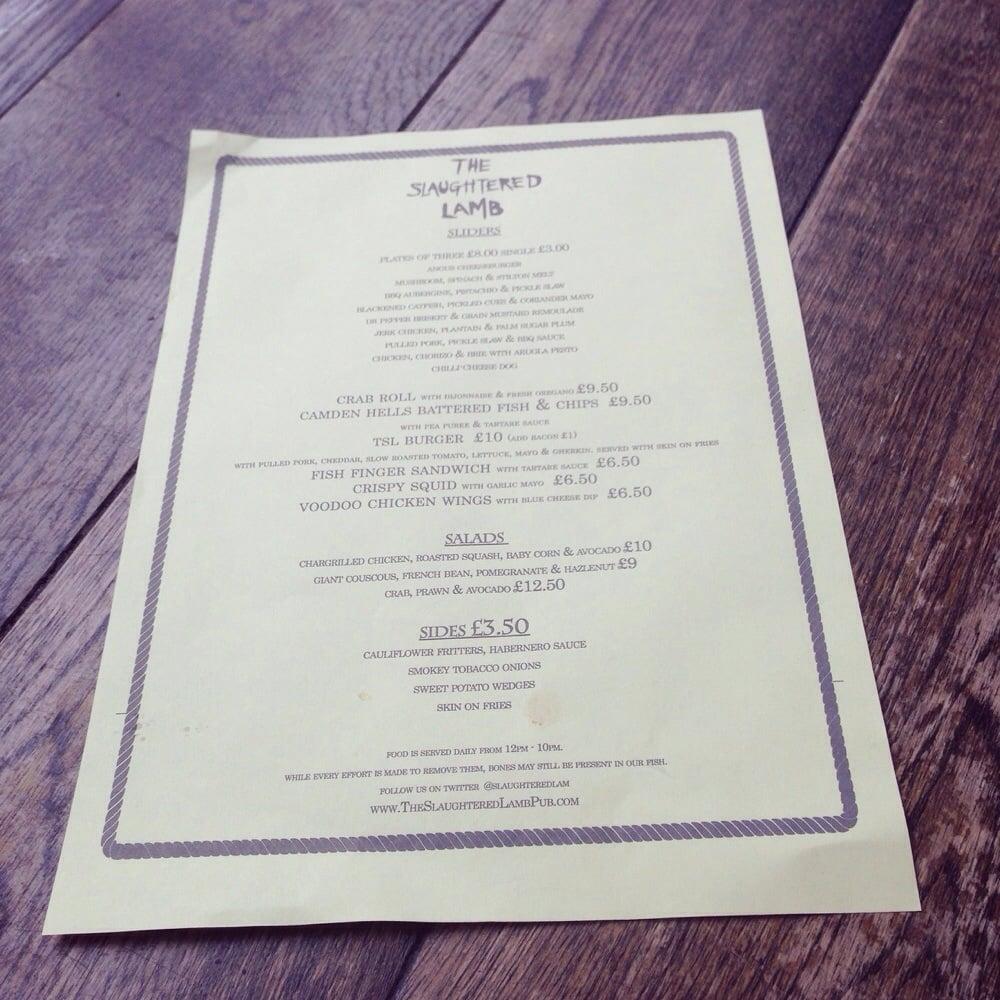 Menu at The Slaughtered Lamb pub & bar, London