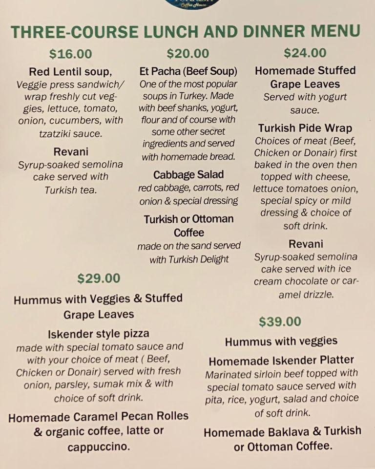 Menu at Turkish Coffee House, St. Albert