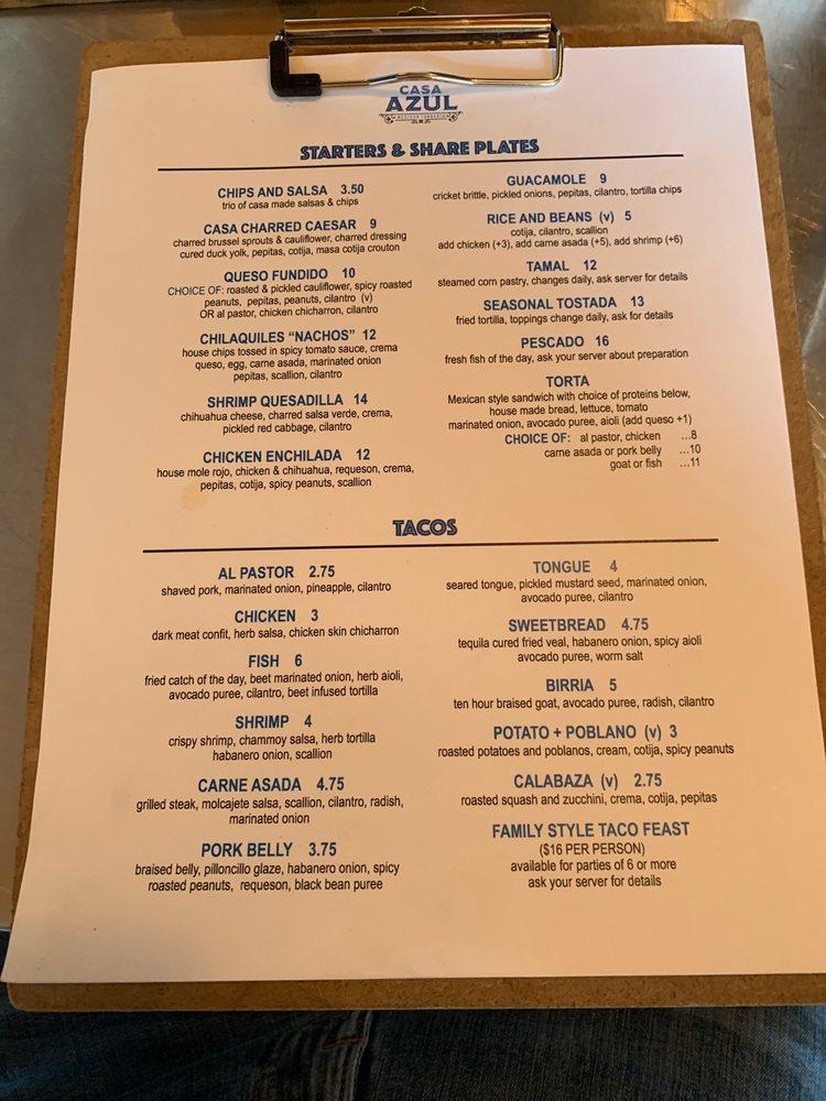 Menu at Casa Azul restaurant, Buffalo, 191 Allen St