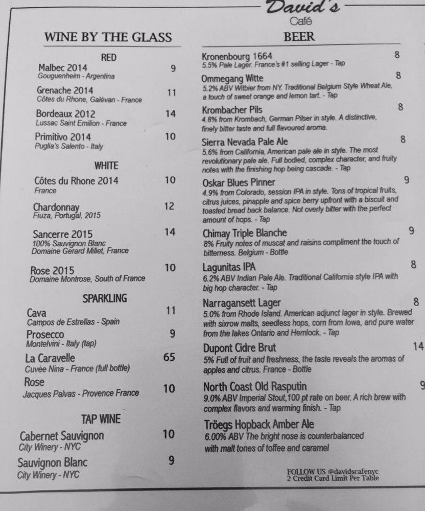 Menu at David's Café cafe, New York City