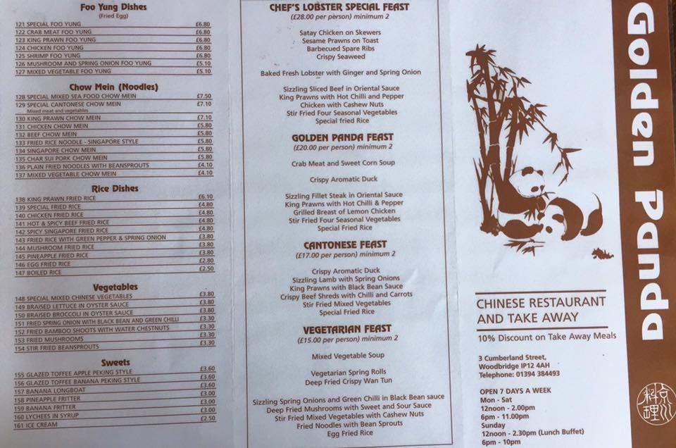 Menu at The Golden Panda restaurant, Woodbridge