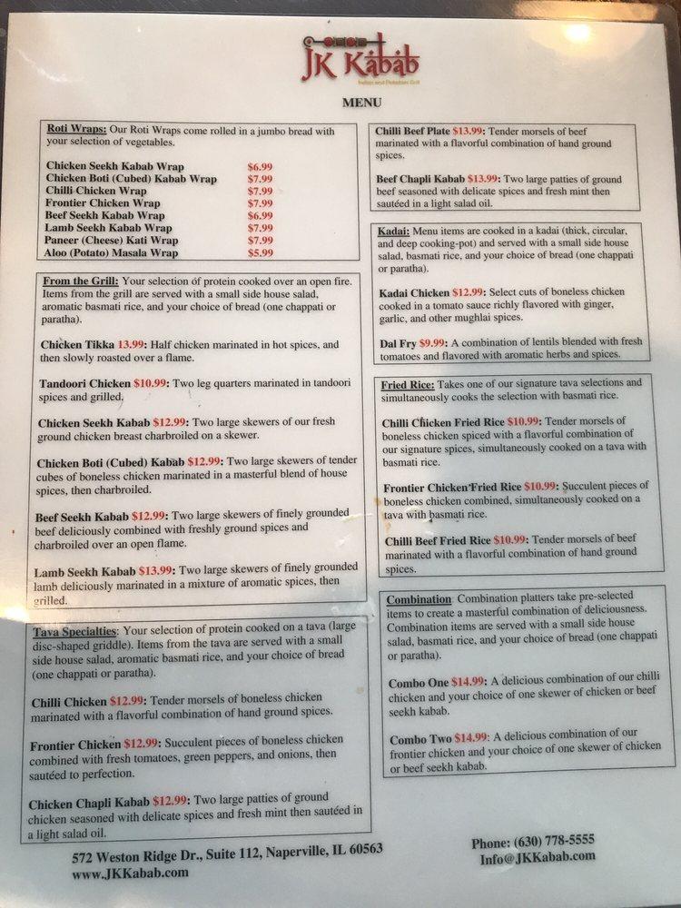 Menu at JK Kabab restaurant, Naperville