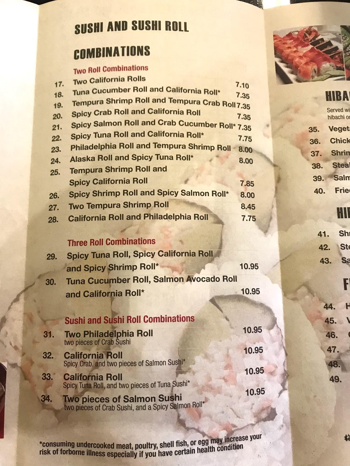 Menu at Mt. Fuji restaurant, Louisville