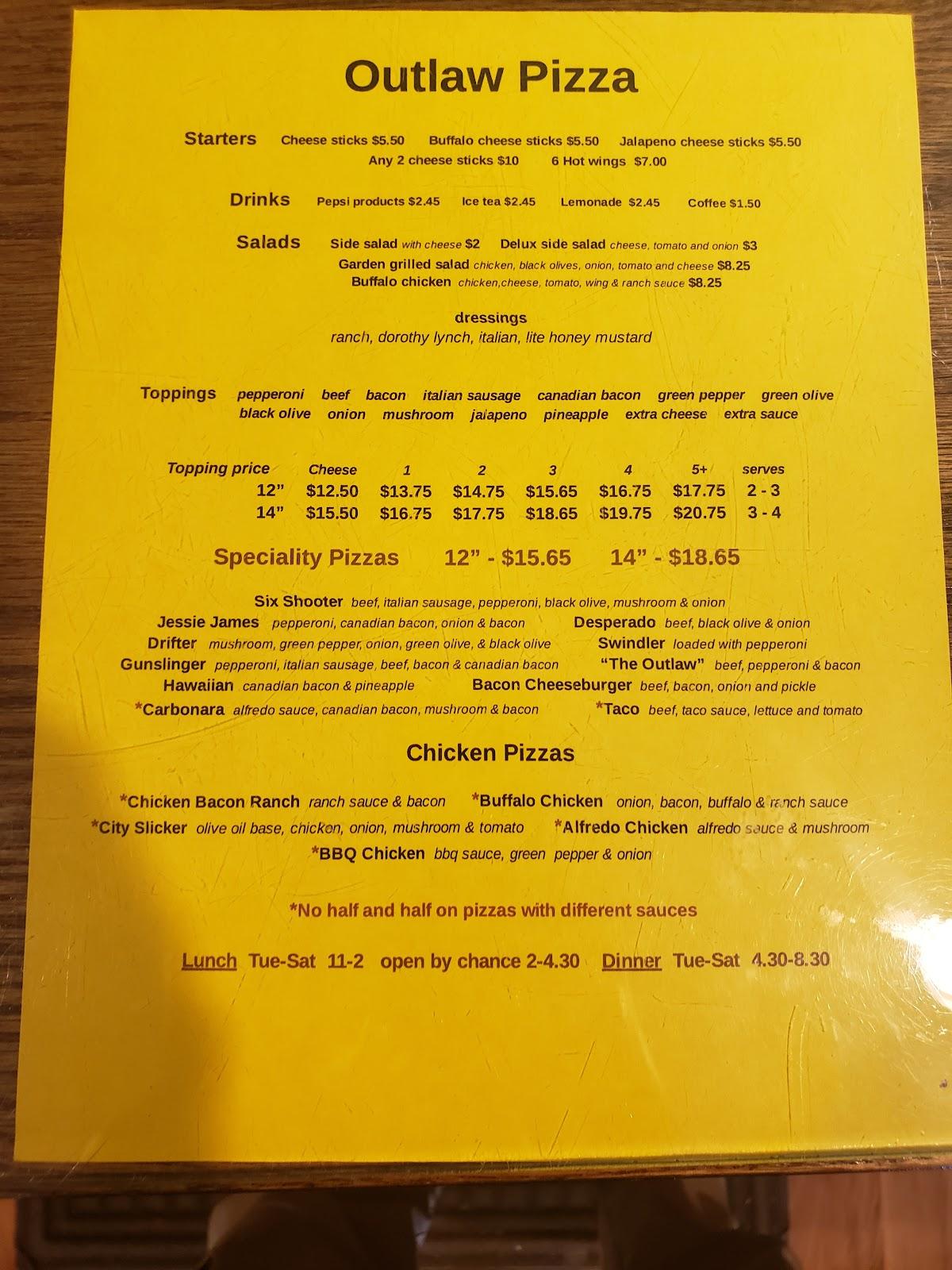 Menu at Outlaw Pizza pizzeria, Ponca