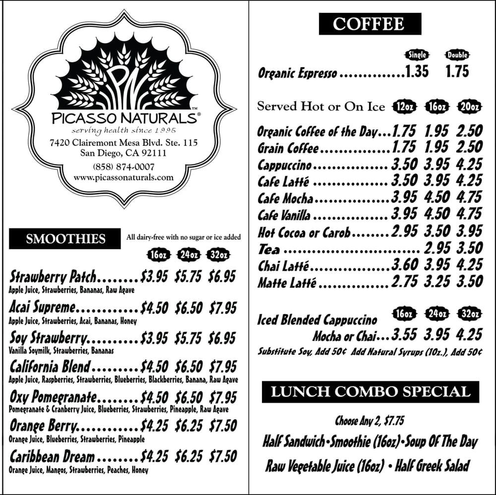 Menu at Picasso Naturals restaurant, San Diego