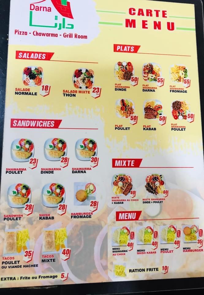 Menu at Pizzeria Darna, Tangier