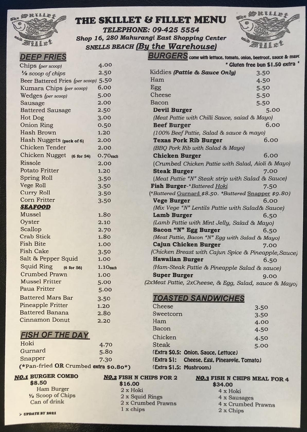 Menu at Skillet & Fillet Takeaways fast food, Matakana