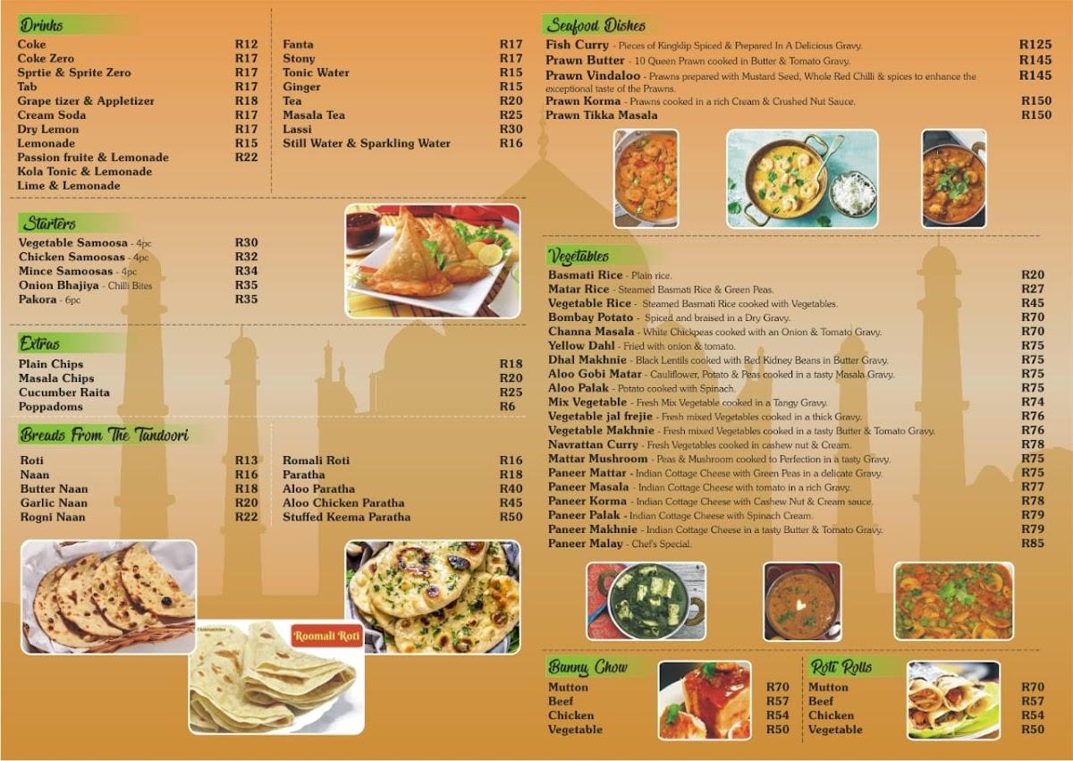 Menu at Taj Mahal restaurant, Centurion, 225 Jean Ave