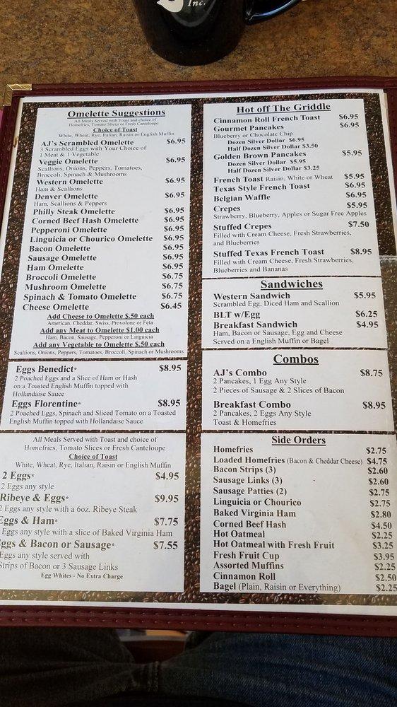Menu at AJ's restaurant, West Warwick