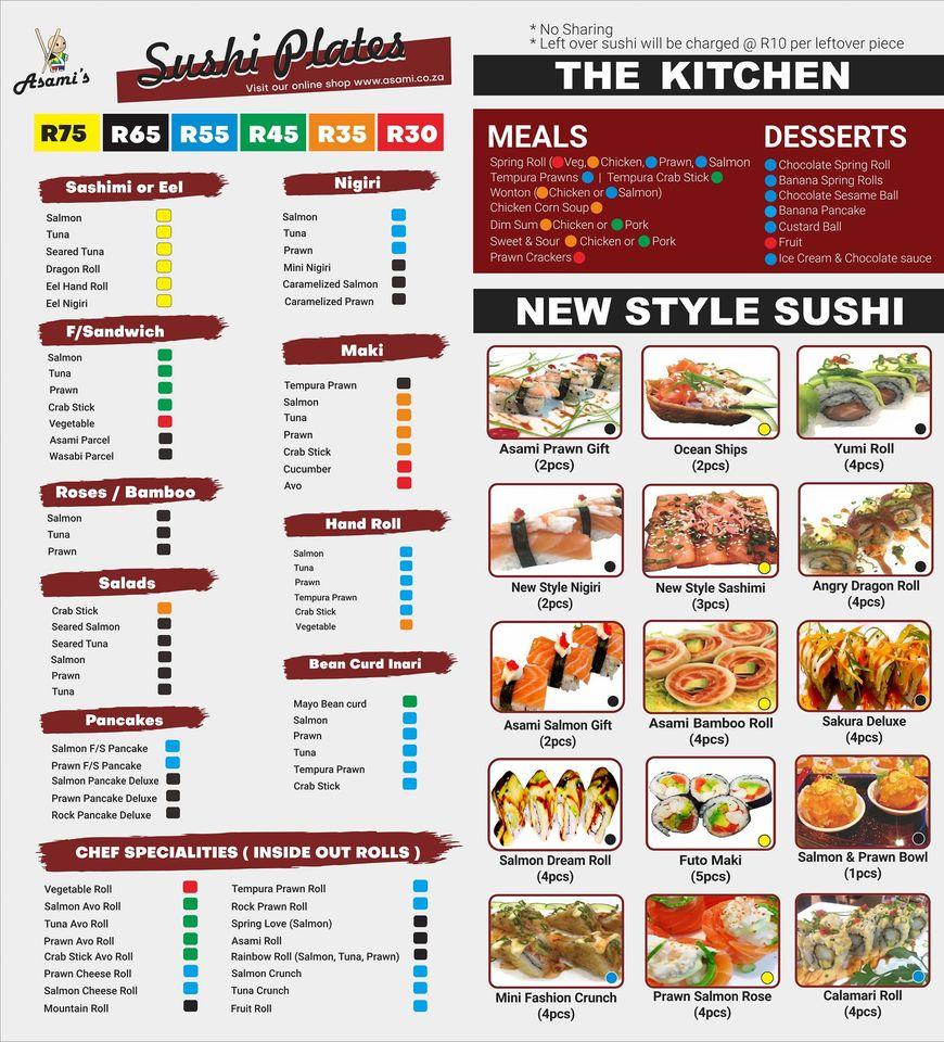Menu at Asami's Tygervalley restaurant, Cape Town, Tyger Valley
