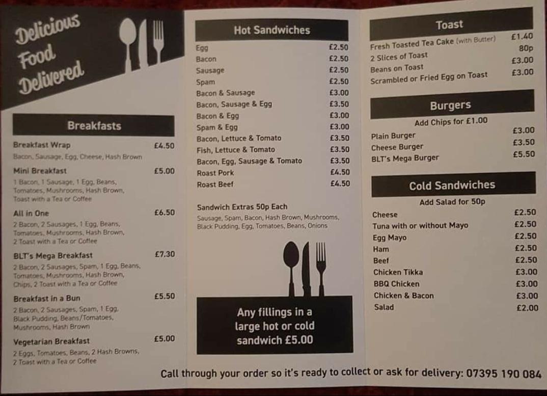 Menu at BLT Cafe, Pudsey