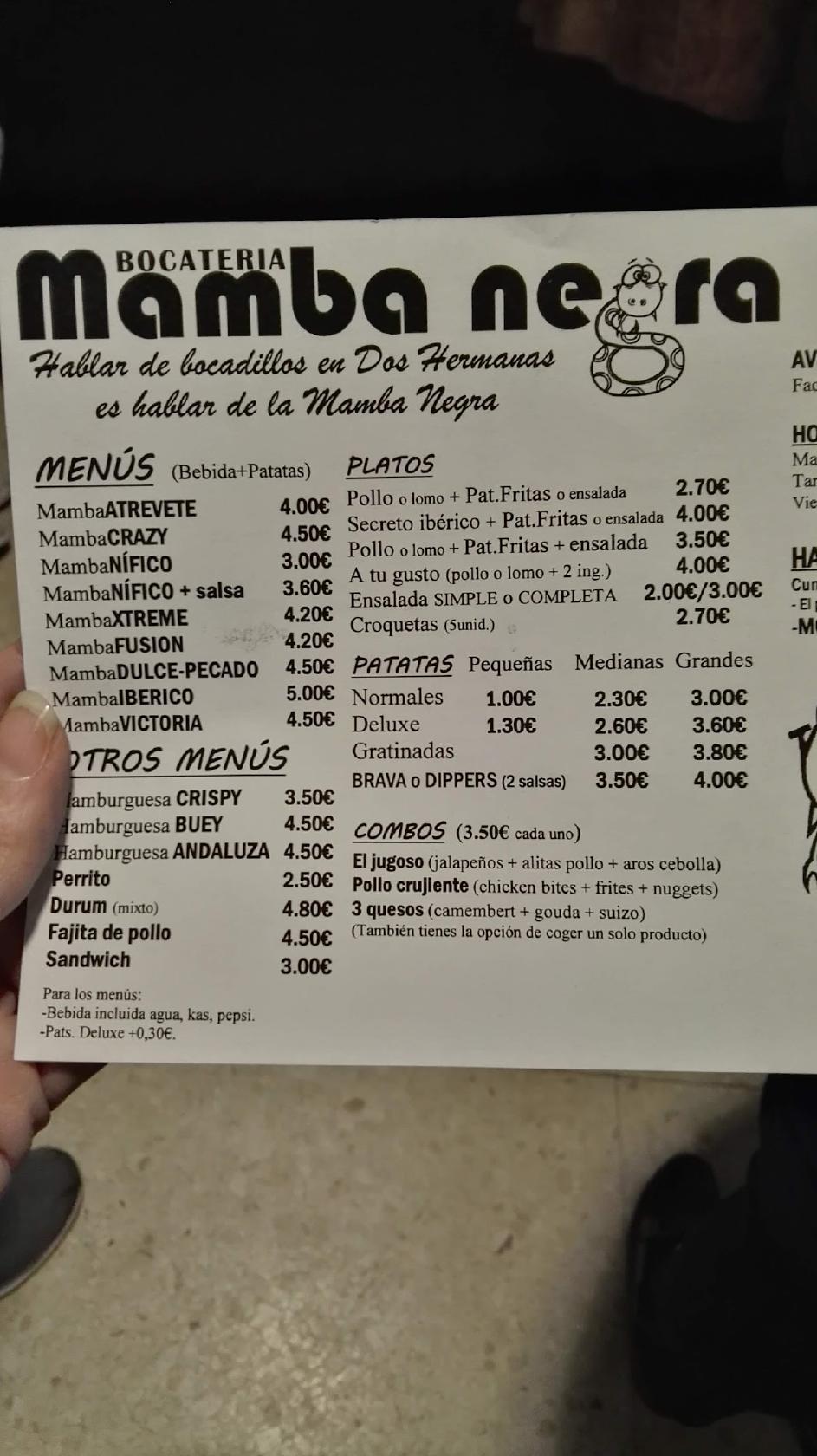 Carta del restaurante Bocatería La Mamba Negra, Dos Hermanas