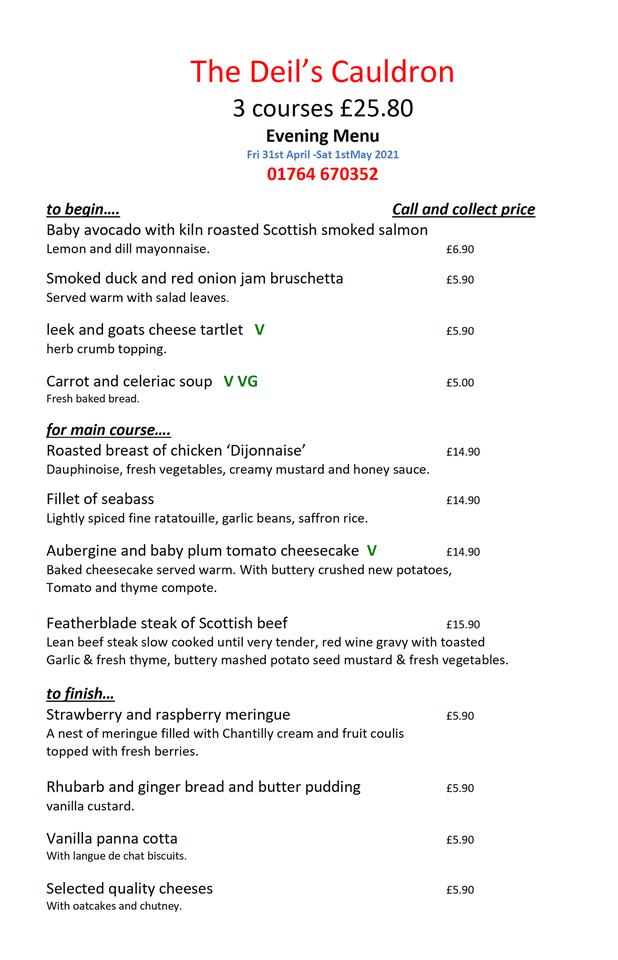 Menu at Deils Cauldron restaurant, Comrie