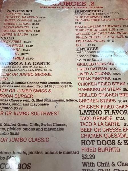 Menu at George's Restaurant, Lubbock, 82nd St A
