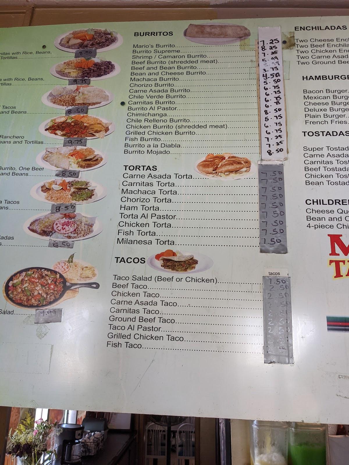 Menu at Mario's Taco Shop fast food, Merced, 51 W 16th St