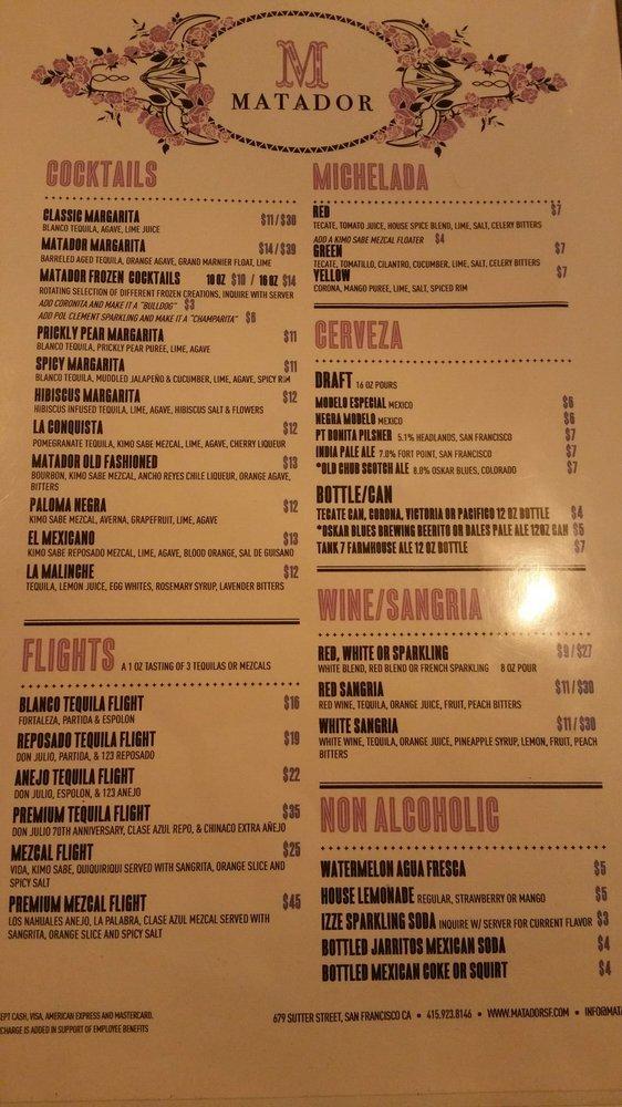 Menu at Matador pub & bar, San Francisco, 679 Sutter St