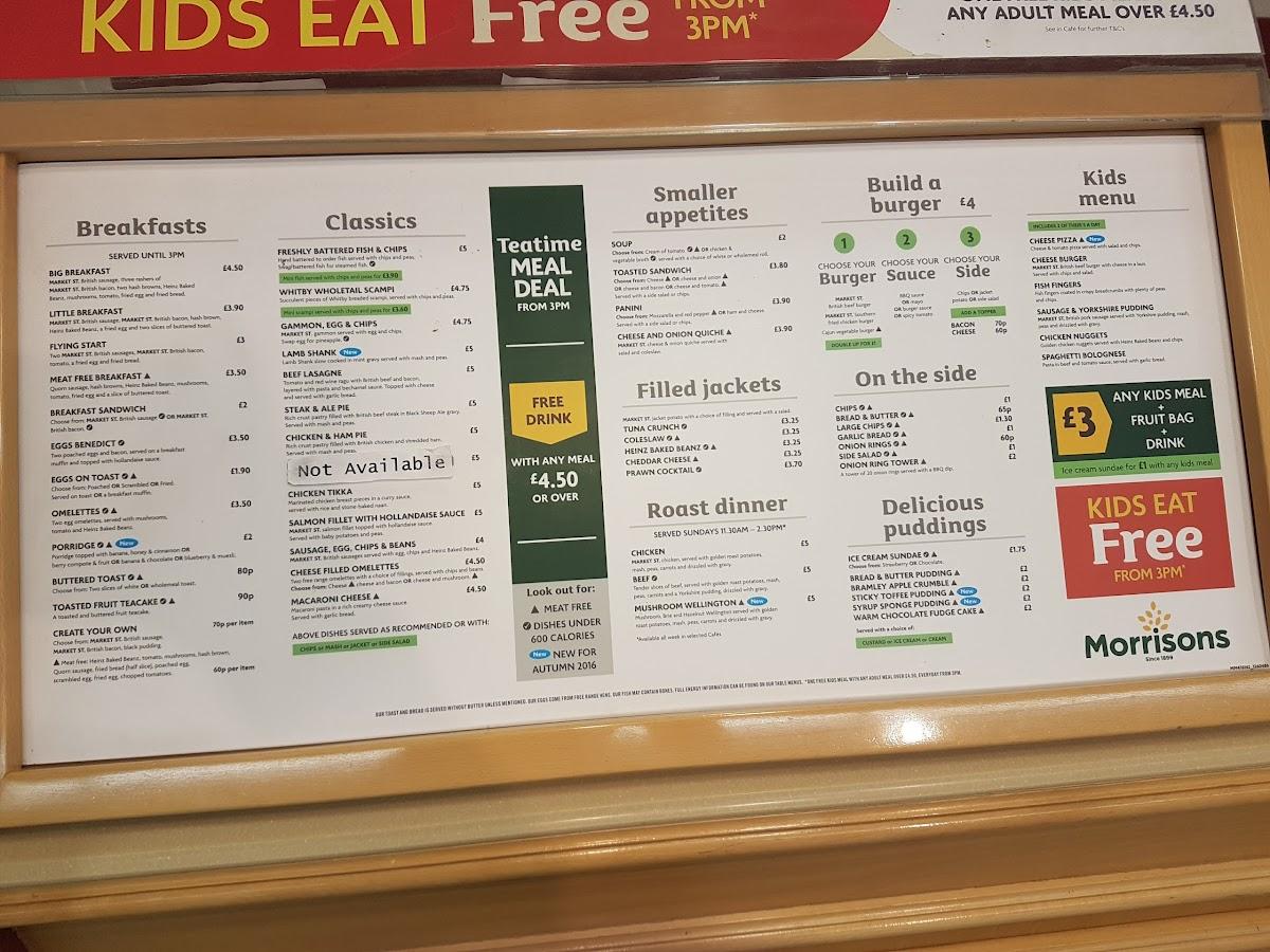 Menu at Morrisons cafe, Bideford