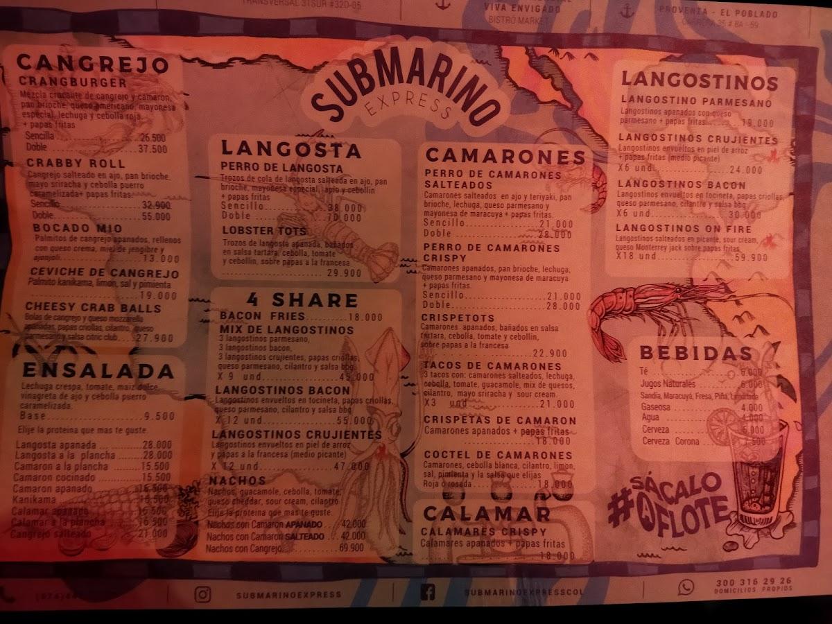 Carta del restaurante Submarino Express Laureles, Medellín