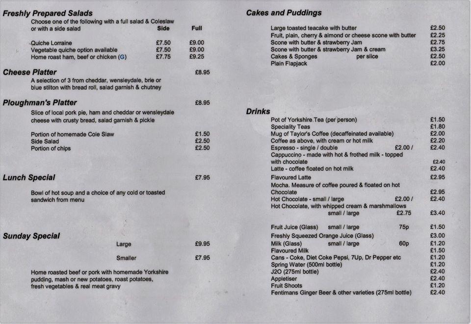 Menu at The Old Granary cafe, Pateley Bridge