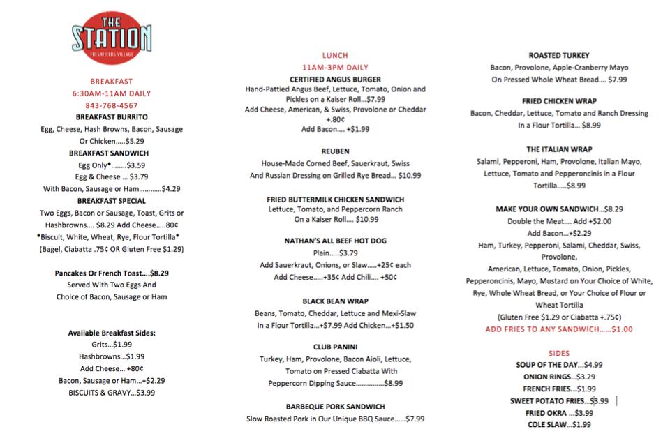 Menu at The Station Deli restaurant, Johns Island