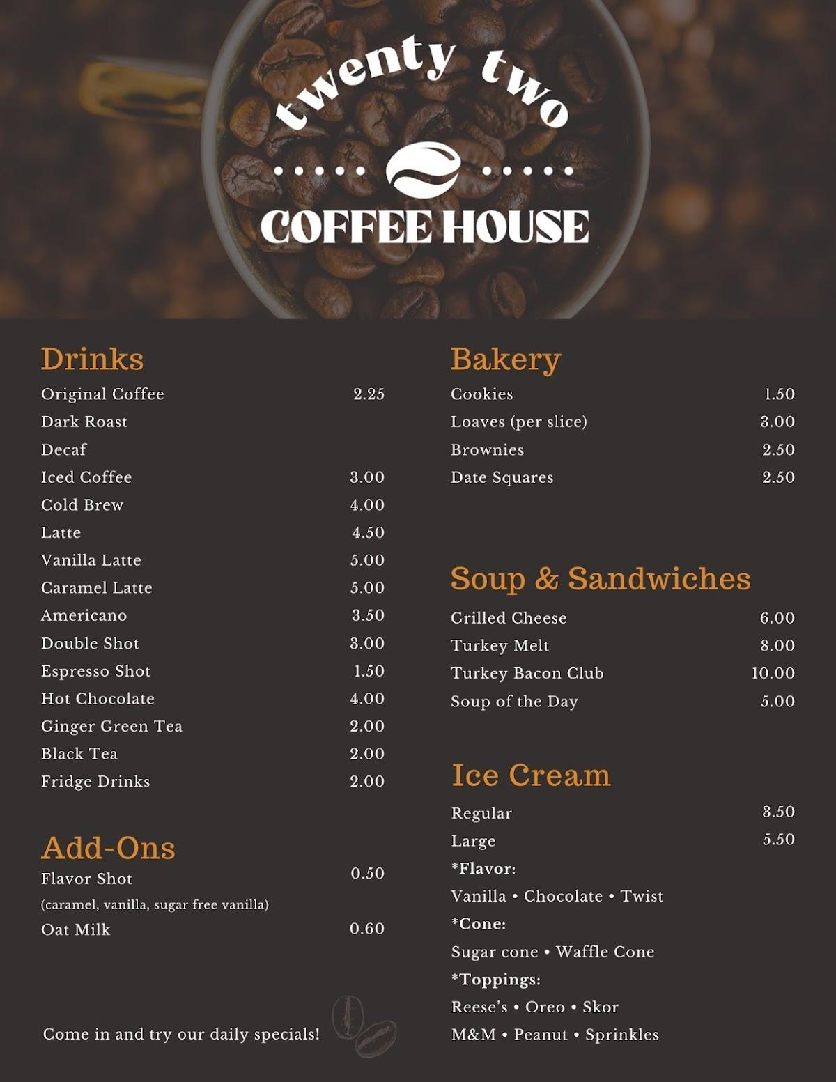Menu au Twenty Two Coffee House, Lakeshore