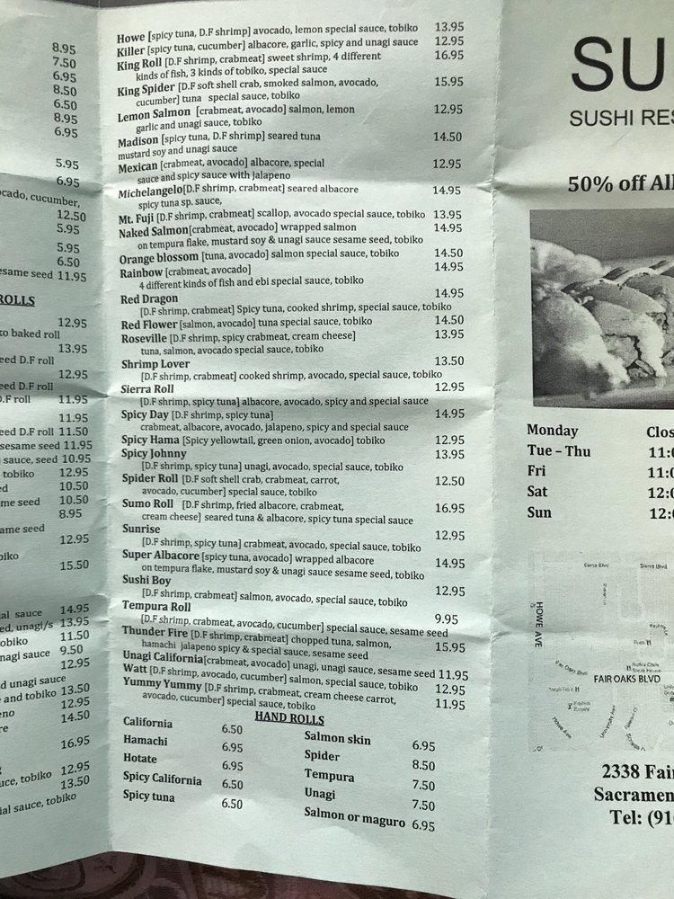 Menu at Makisu Sushi restaurant, Sacramento